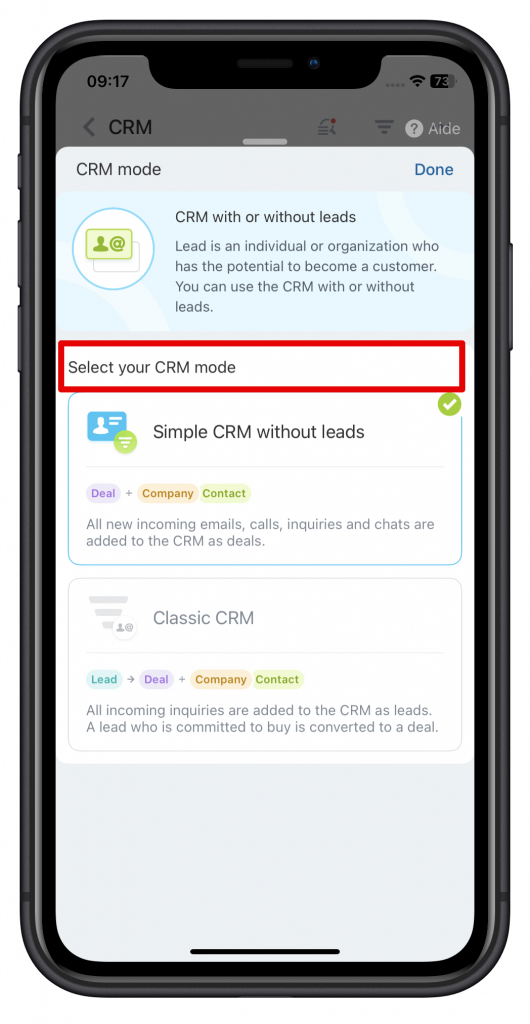 Comment changer le mode du CRM